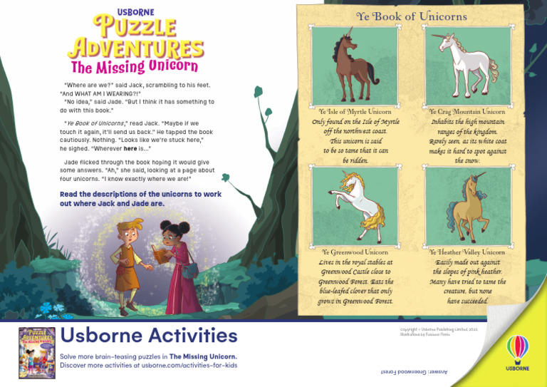 Usborne Puzzle Adventures The Missing Unicorn Activity Sheet | PDF
