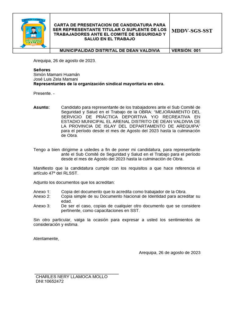 Carta de Presentacion de Candidatura CSST | Descargar gratis PDF | Gobierno y personalidad