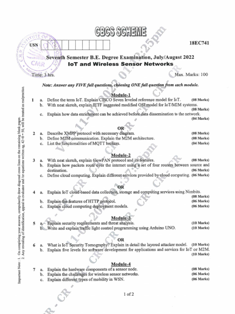 VTU Question Paper of 18EC741 Iot and Wireless Sensor Networks June ...