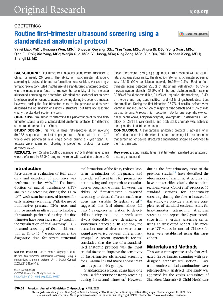 Routine First Trimester Ultrasound Dcreening Using Standardized ...