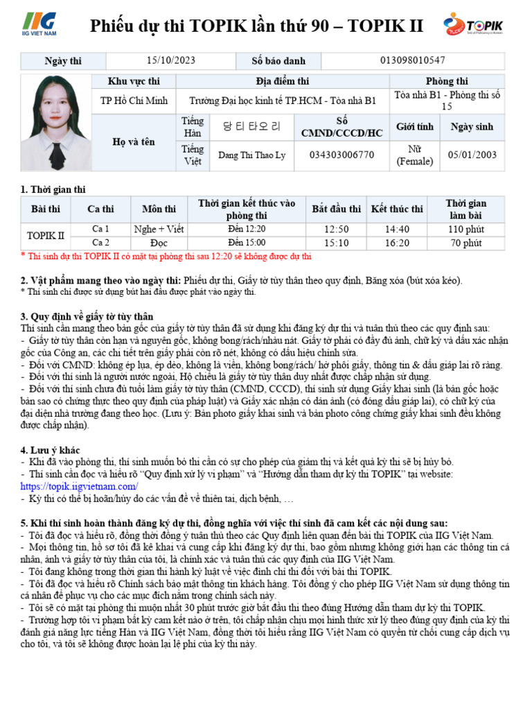 Phiếu dự thi TOPIK lần thứ 90 - TOPIK II: Dang Thi Thao Ly | PDF