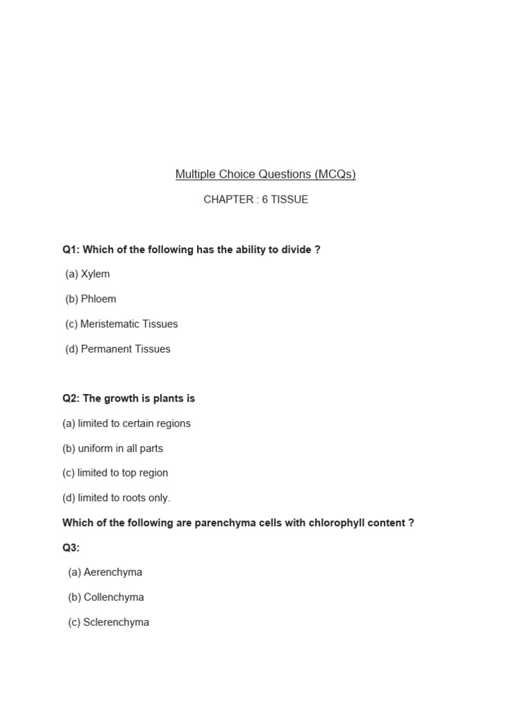 Tissues MCQ | PDF | Tissue (Biology) | Plant Stem