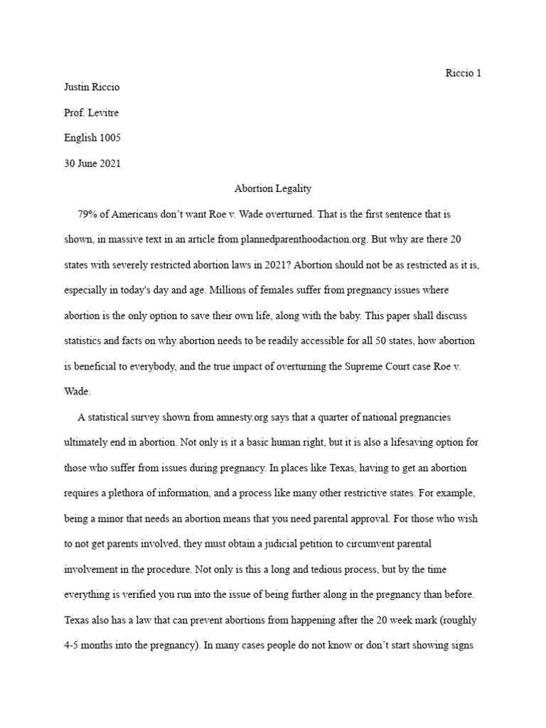 Justin Riccio Argumentative Research Paper | PDF | Abortion | Roe V. Wade