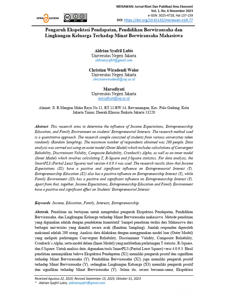 Pengaruh Ekspektasi Pendapatan, Pendidikan Berwirausaha, Dan Lingkungan Keluarga Terhadap Minat ...