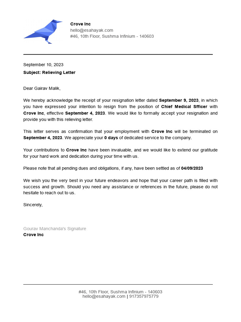 Relieving Letter for Gairav Malik | PDF | Career & Growth | Business