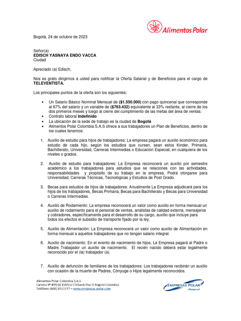 Carta Oferta Salarial Variable - Televentista Edisch Yasnaya Endo Vacca ...