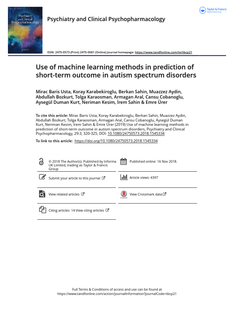 Use Of Machine Learning Methods In Prediction Of Short Term Outcome Inautism Spectrum Disorders