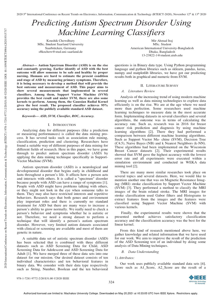 Predicting Autism Spectrum Disorder Using Machine Learning Classifiers Pdf Receiver