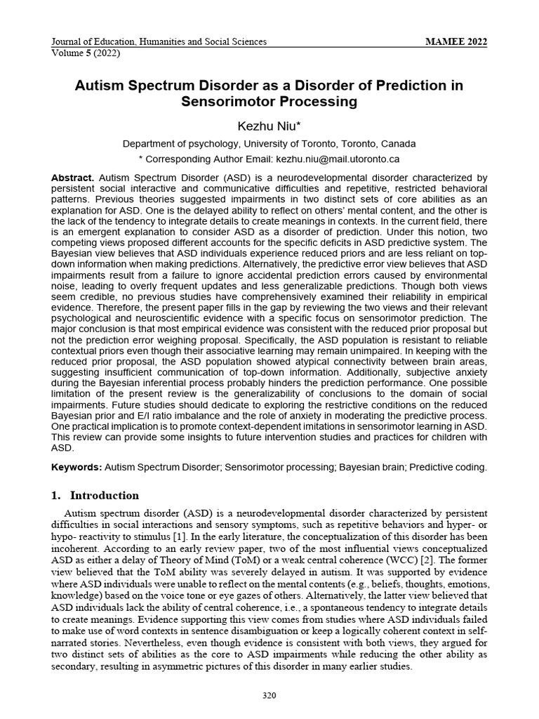 Autism Spectrum Disorder As A Disorder of Prediction in Sensorimotor Processing | PDF | Autism ...