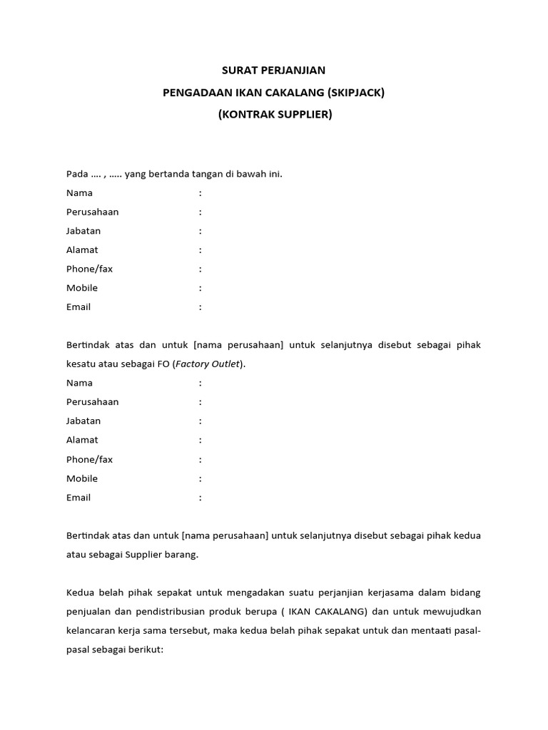 Surat-Perjanjian-Pengadaan-Ikan Cakalang-Kotrak-Supplier | PDF