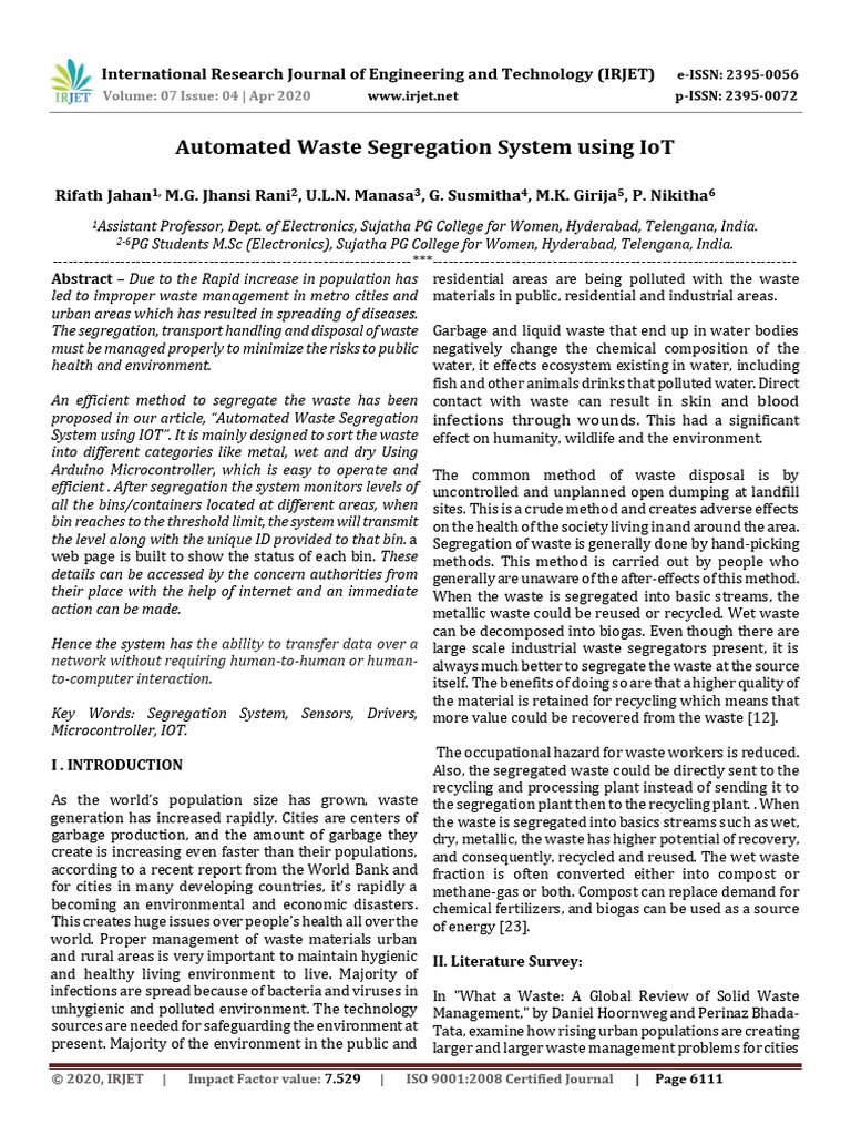 IoT-Based Automated Waste Segregation | PDF | Waste Management | Waste