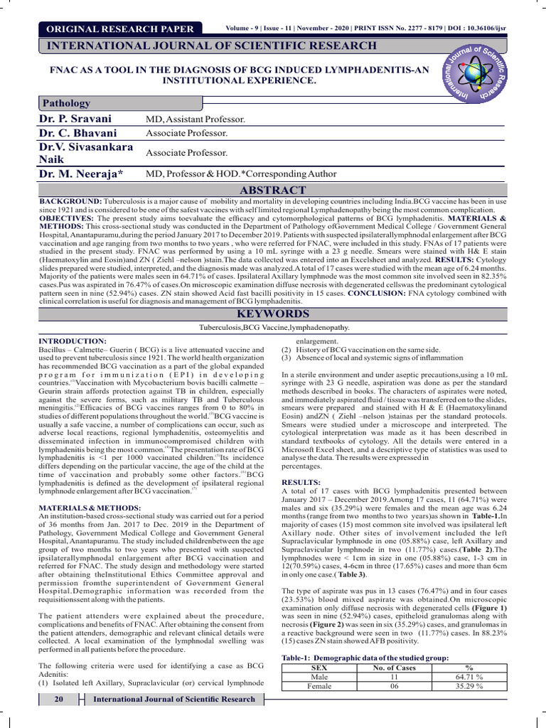 Fnac As A Tool in The Diagnosis of BCG Induced Lymphadenitisan ... Fnac As A Tool in The Diagnosis of BCG Induced Lymphadenitisan ...