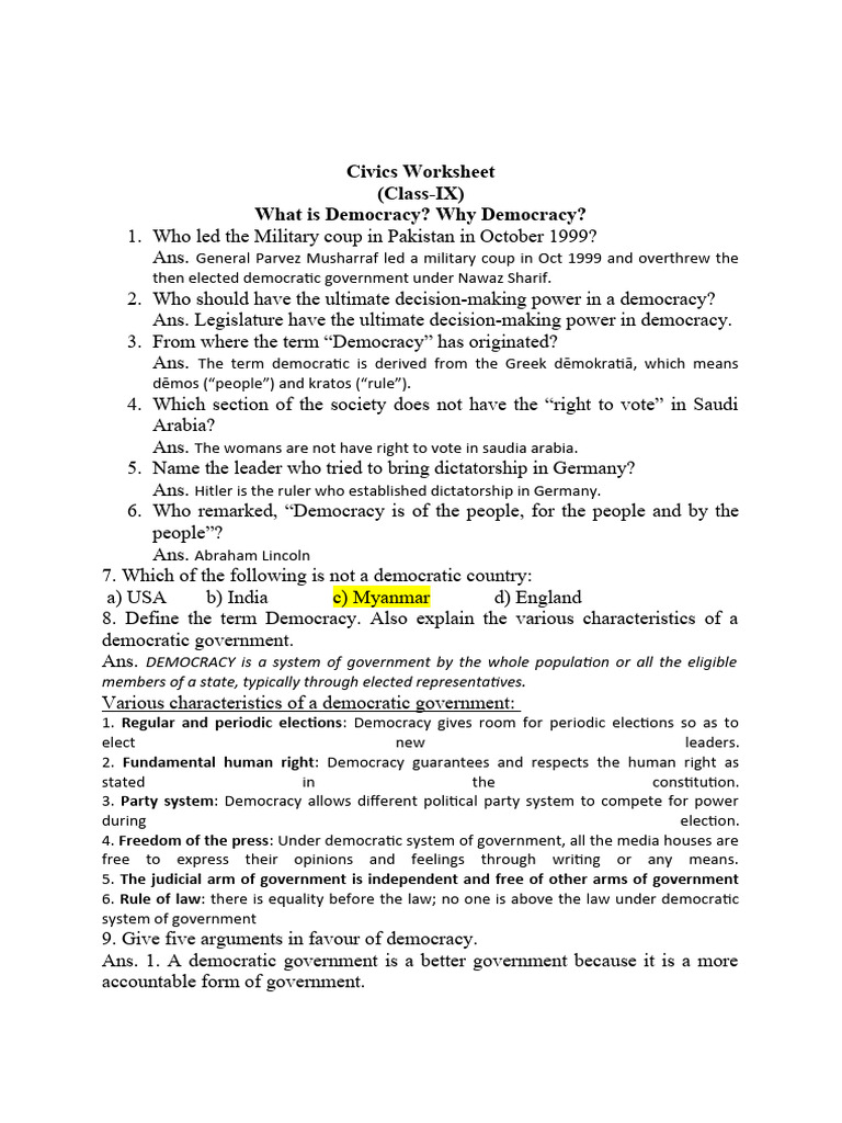 Civics Worksheet Class 9 | PDF | Democracy | Political Ideologies