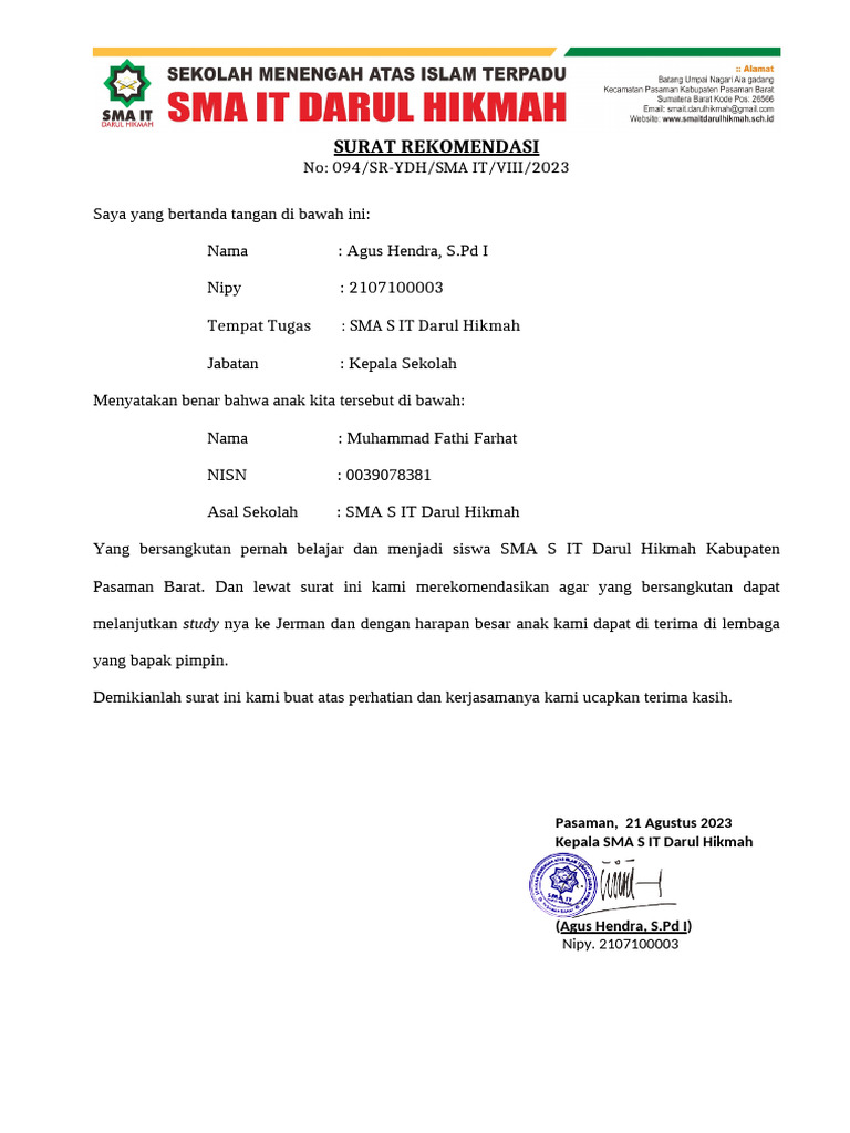 Surat Rekomendasi untuk Muhammad Fathi | PDF