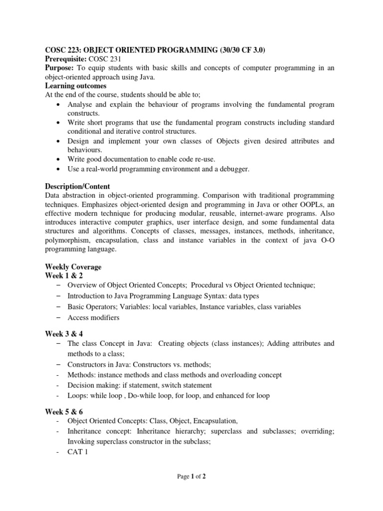 0 - COSC 223 Course Outline | PDF | Method (Computer Programming) | Object Oriented Programming
