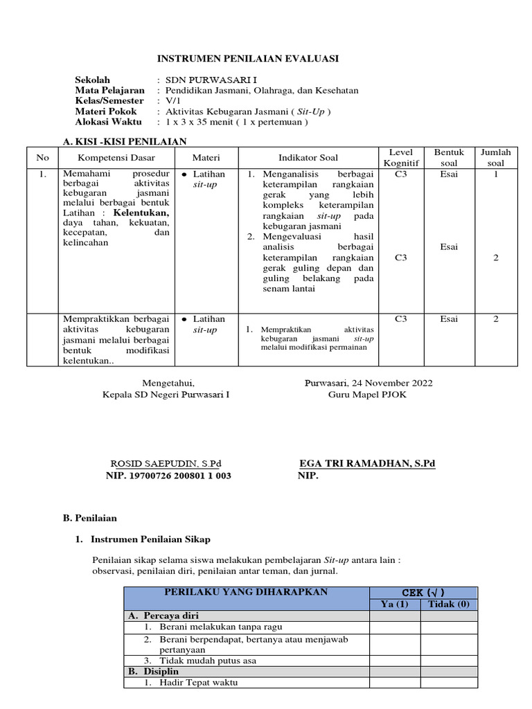 Kisi-Kisi, Instrumen Dan Rubrik Penilaian Sit-Up Ega Tri Ramadhan | PDF
