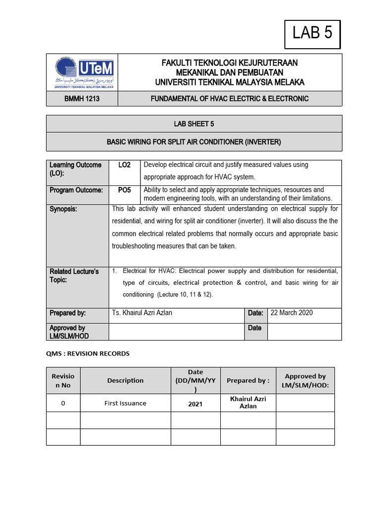 Lab 5 - Basic Wiring For Split Air Conditioner (Inverter) | PDF | Air Conditioning | Power Inverter