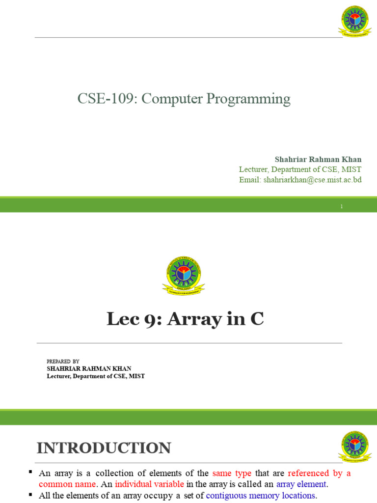 Cse 109 Lec 9 Array Basic Pdf Integer Computer Science Computer 2504