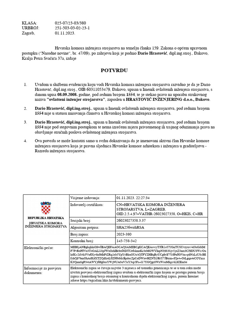 HKIS Potvrda Ovlašteni Inženjer 01-11-2023 | PDF