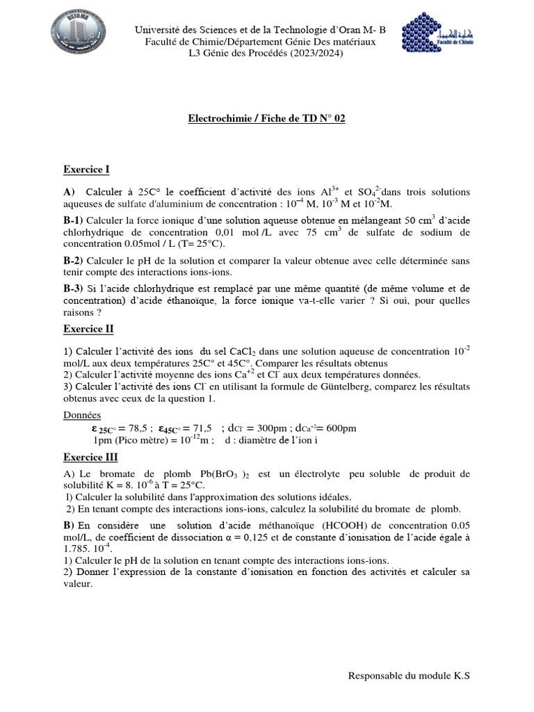 Fiche de TD N°2 D'électrochimie 2023-2024 | PDF