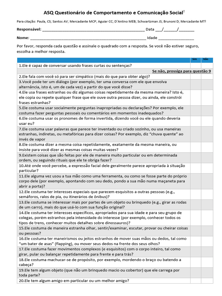 ASQ Questionário de Comportamento e Comunicação Social | PDF