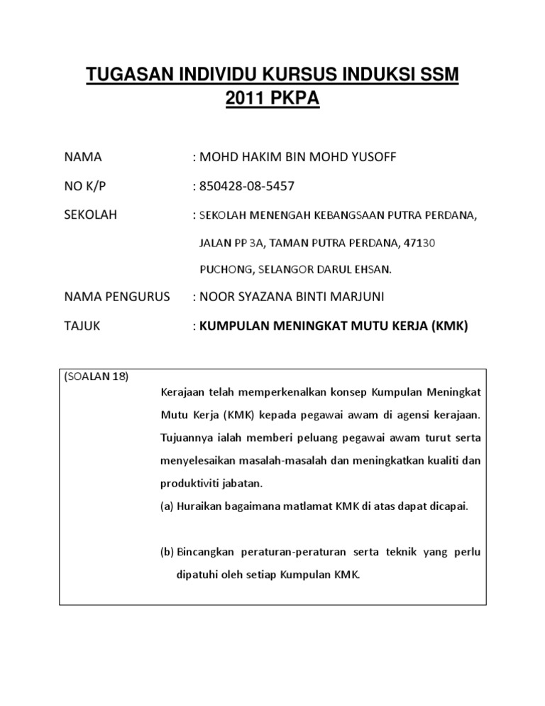 Cover Page Tugasan Individu Kursus Induksi SSM | PDF
