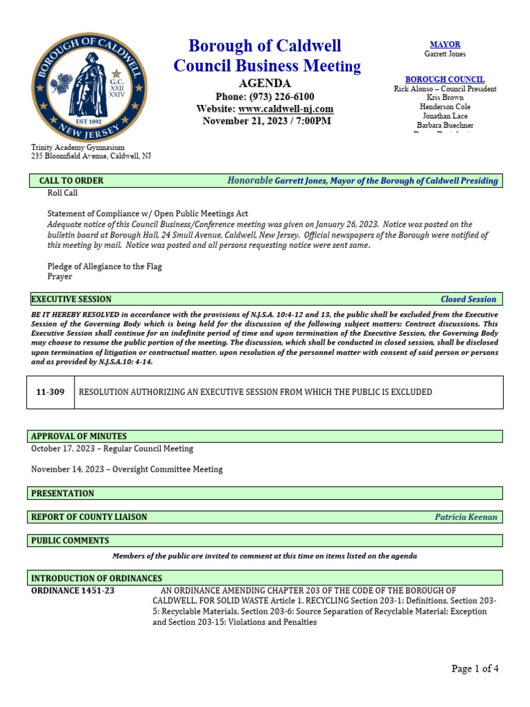 Caldwell Borough Council Meeting Agenda: Nov. 21, 2023 | PDF | Local ... Caldwell Borough Council Meeting Agenda: Nov. 21, 2023 | PDF | Local ...