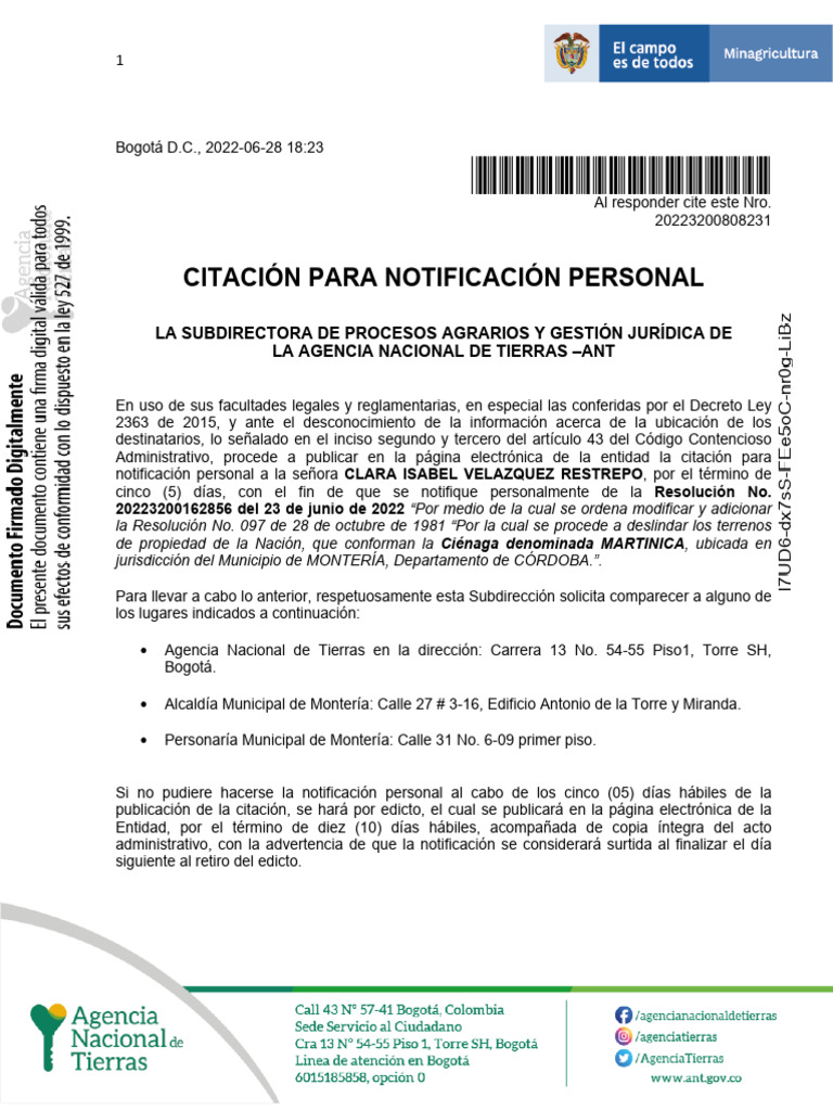 Citacion para Notificacion Personal de CLARA ISABEL VELAZQUEZ RESTREPO ... Citacion para Notificacion Personal de CLARA ISABEL VELAZQUEZ RESTREPO ...
