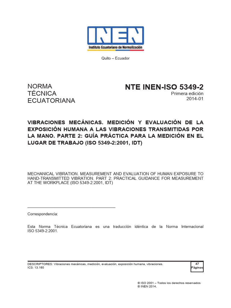 NTE INEN ISO 5349-2 VIBRACIONES MECÁNICAS. MEDICIÓN Y EVALUACIÓN DE LA ...