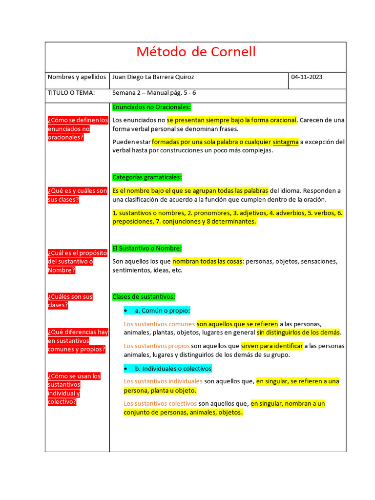 Metodo Cornell - Unidad 2 | PDF | Sustantivo | Verbo