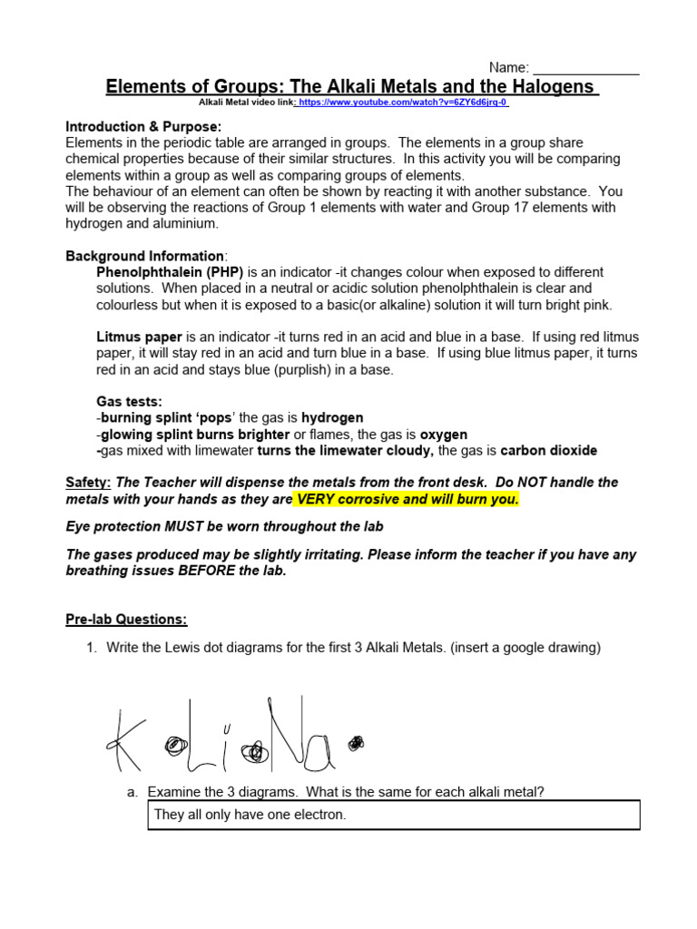 CH B7. Lab - Elements of Groups - Alkali Metals & Halogens | PDF ...