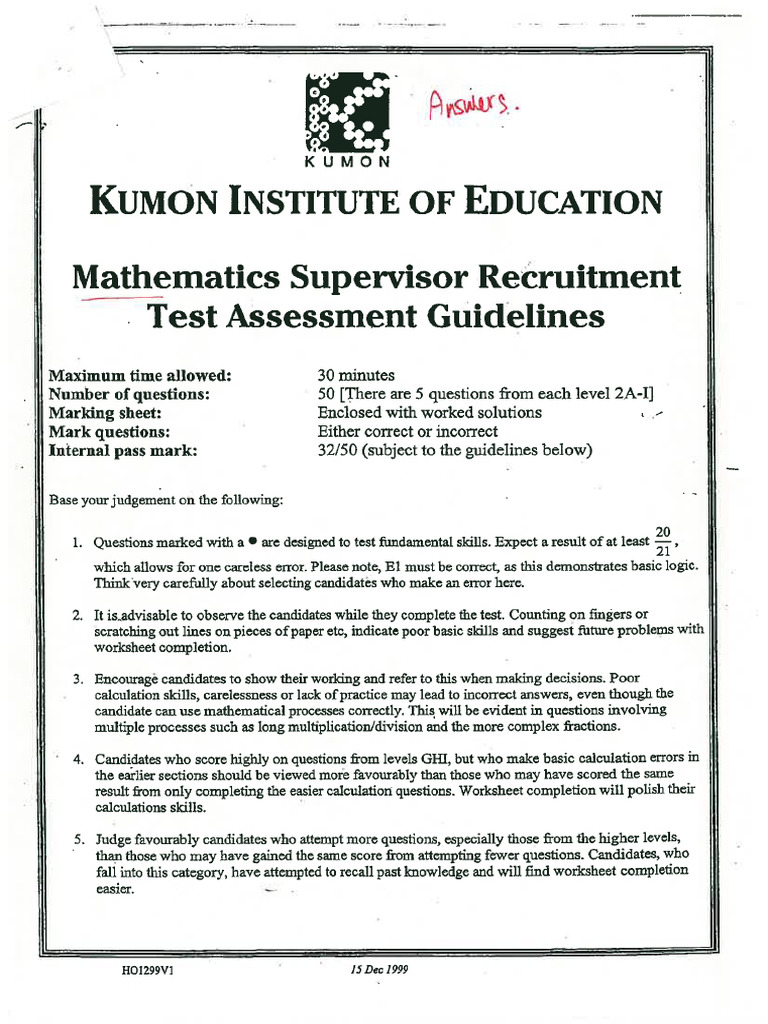 Mathematics Sample Answers - Kumon | PDF