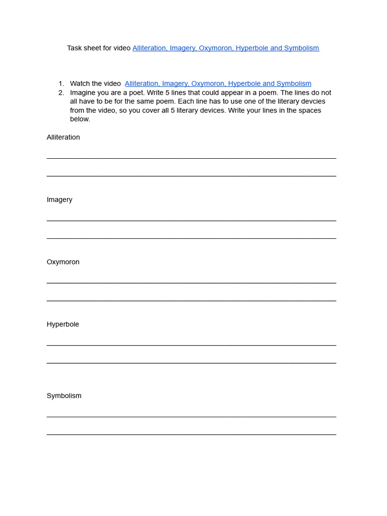Task Sheet For Video Alliteration, Imagery, Oxymoron, Hyperbole and Symbolism | PDF
