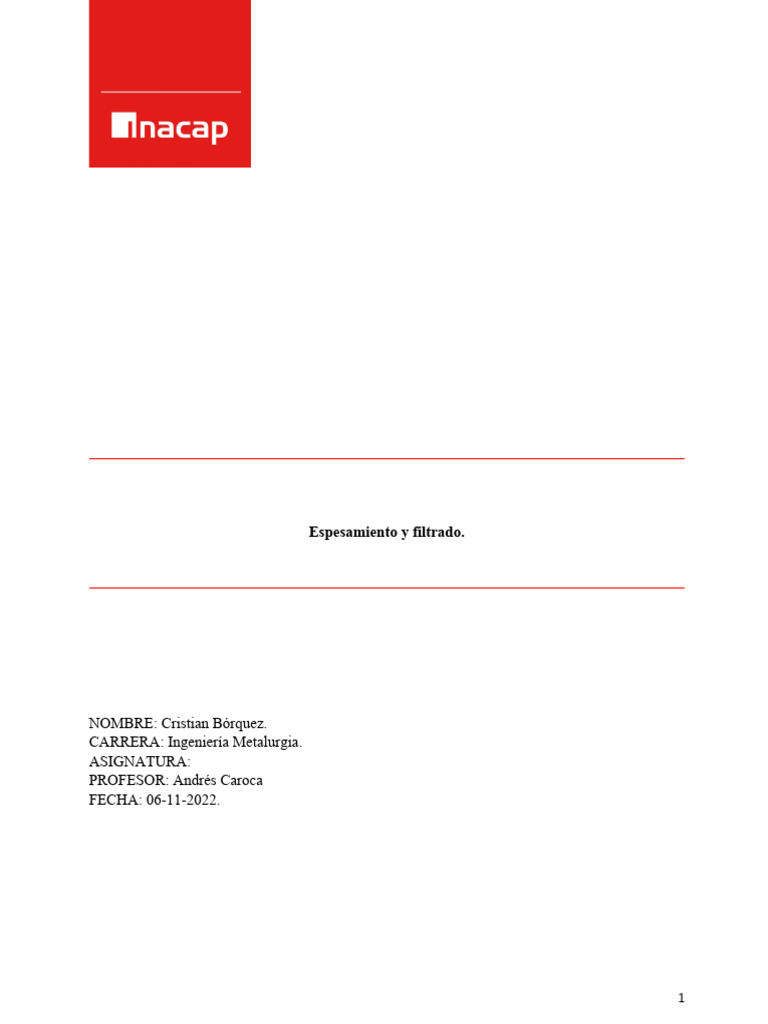 Informe Espesamiento y Filtrado. | PDF | Filtración | Operaciones unitarias Informe Espesamiento y Filtrado. | PDF | Filtración | Operaciones unitarias