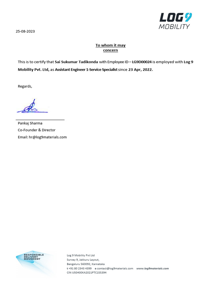 Proof of Employment Letter - Mobility - Sai Sukumar Tadikonda | PDF