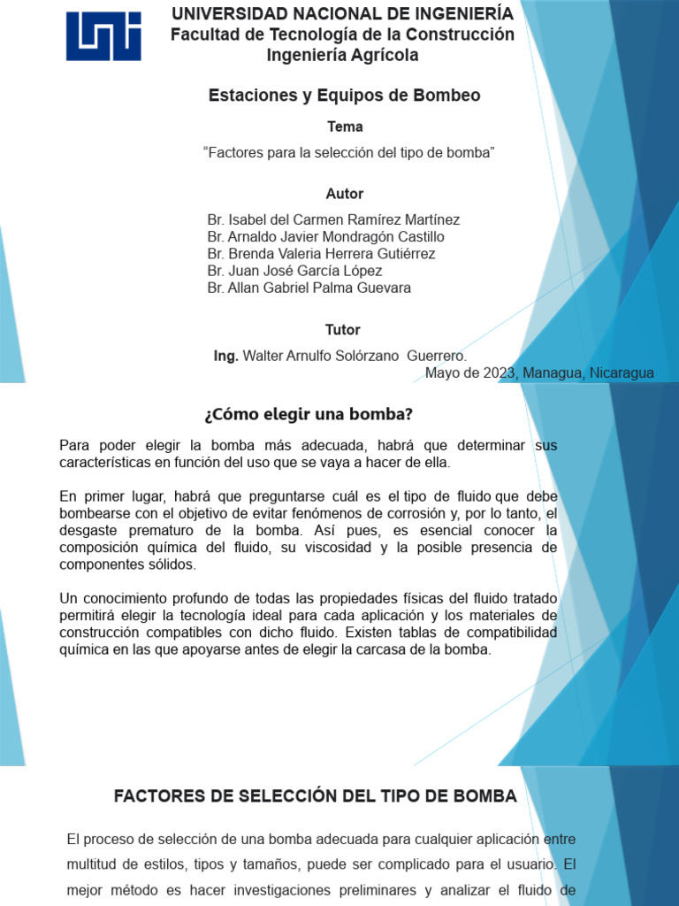 Presentación Factores de Seleccion de Una Bomba | PDF | Bomba | Viscosidad