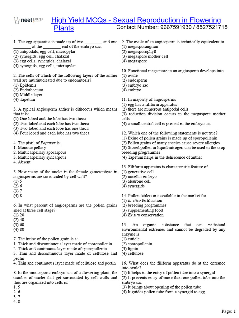 MCQs on Sexual Reproduction in Plants | PDF | Pollen | Flowers