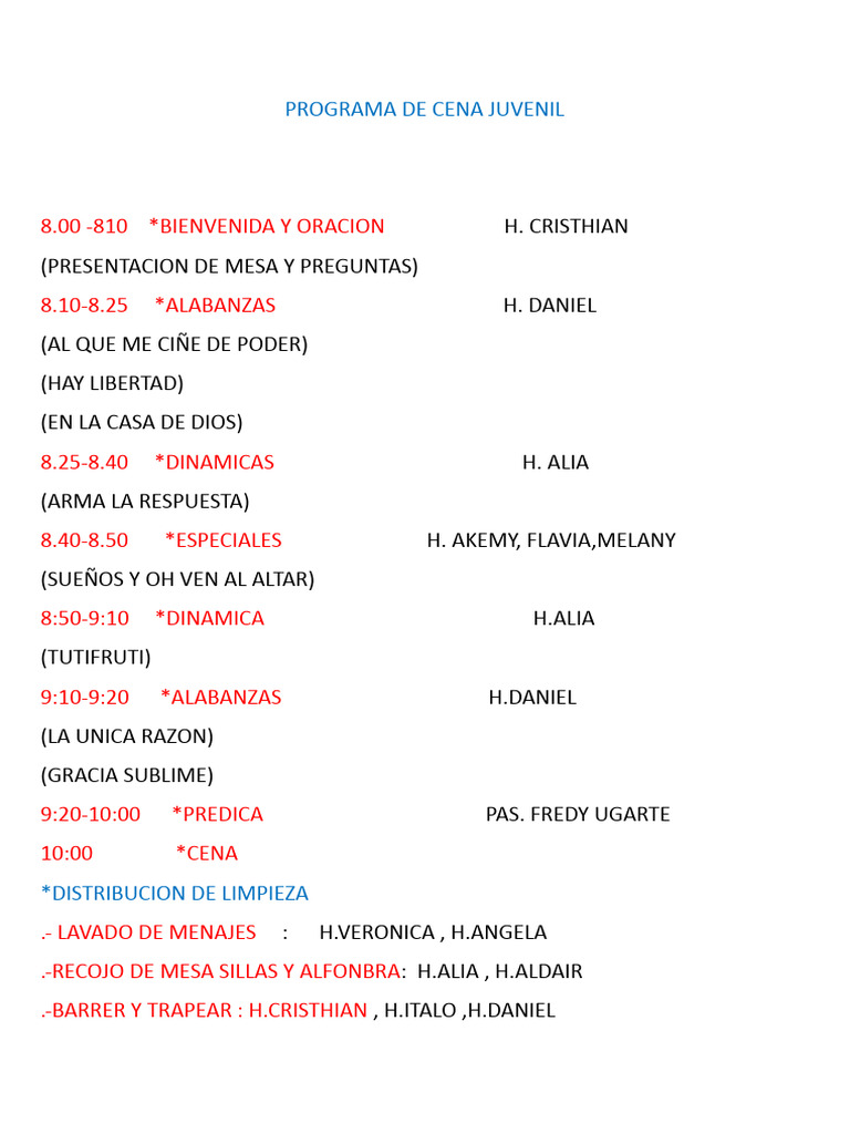Cena Juvenil Programa | PDF