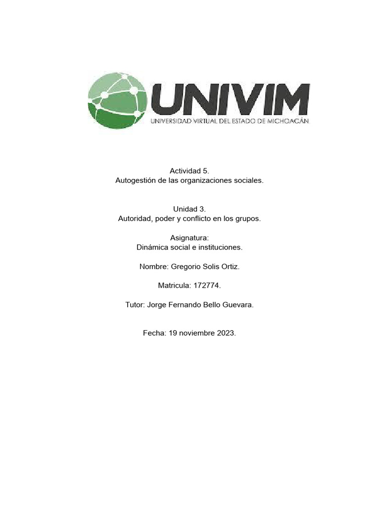 Gsolis - Actividad 5 - Autogestion de Las Organizaciones Sociales | PDF Gsolis - Actividad 5 - Autogestion de Las Organizaciones Sociales | PDF