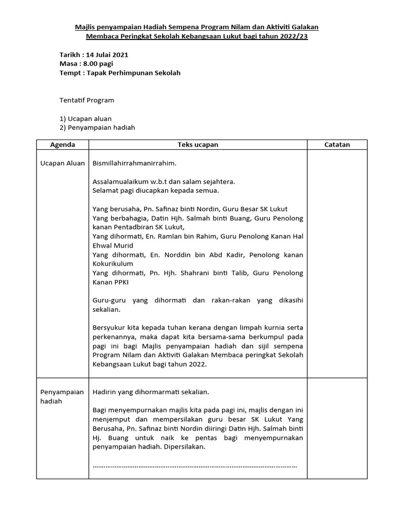 Teks Emcee Majlis Penyampaian Hadiah Nilam 2022 | PDF