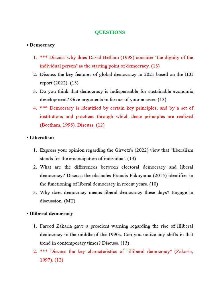 Democracy Questions | PDF | Democracy | Political Ideologies