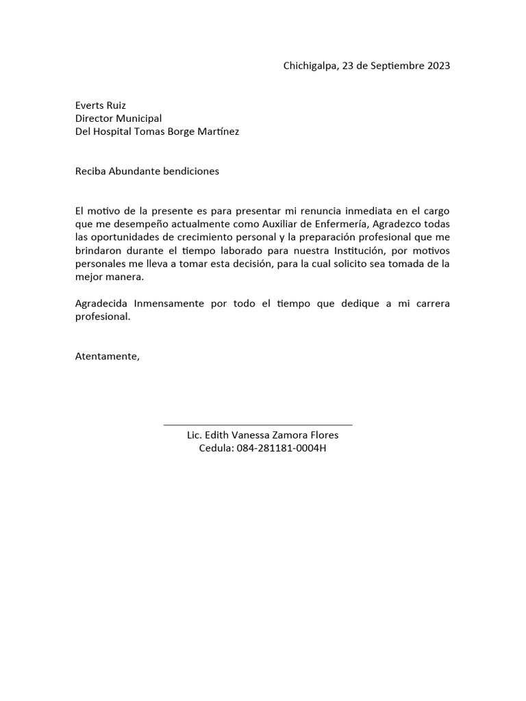 Carta de Renuncia Inmediata | PDF