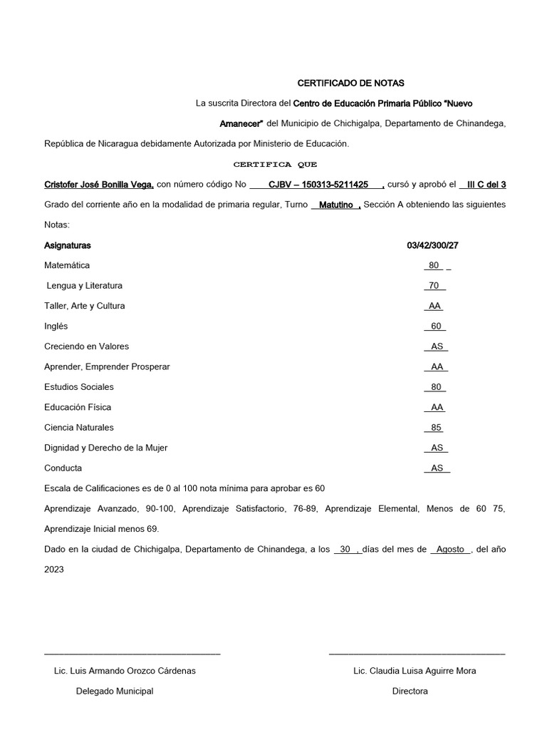 Certificado de Nota Nuevo Amanecer | PDF