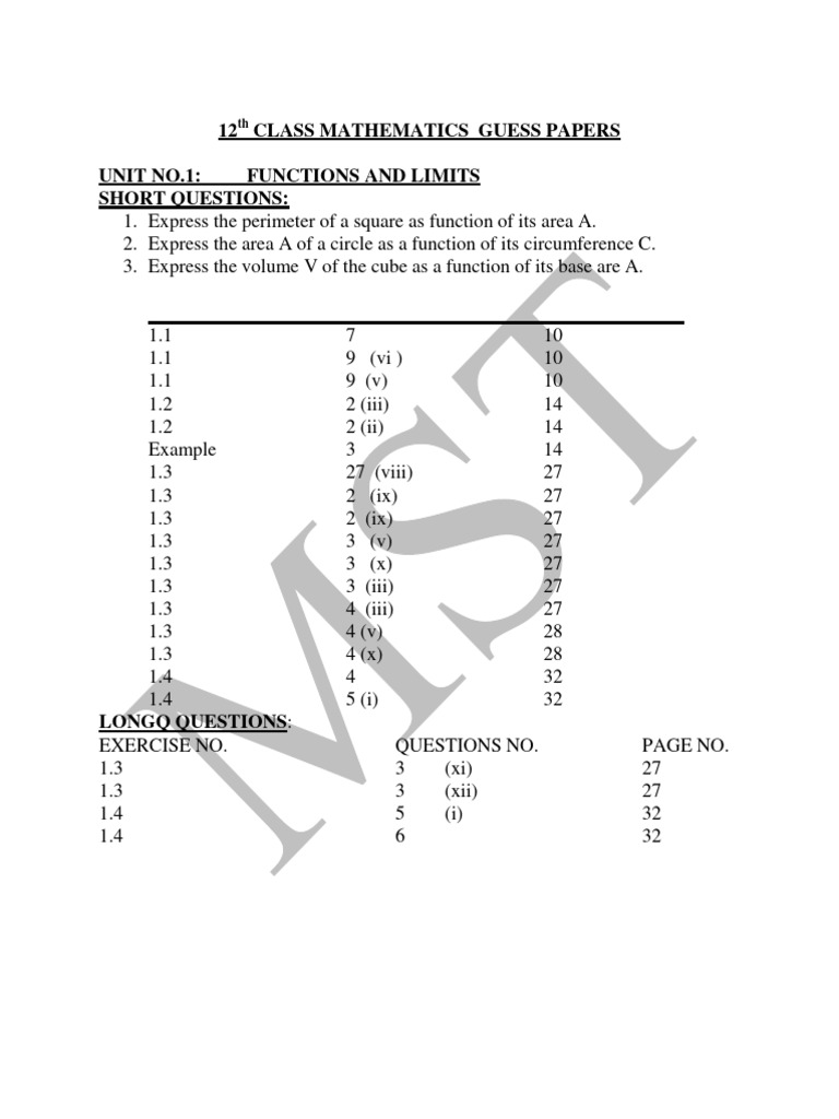 12th Grade Math Guess Papers | PDF | Area | Algebra