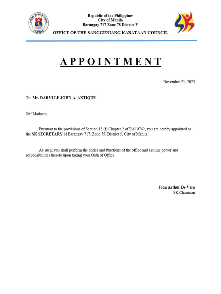 Appointment Letter For SK Sec and Treasurer 1 | PDF