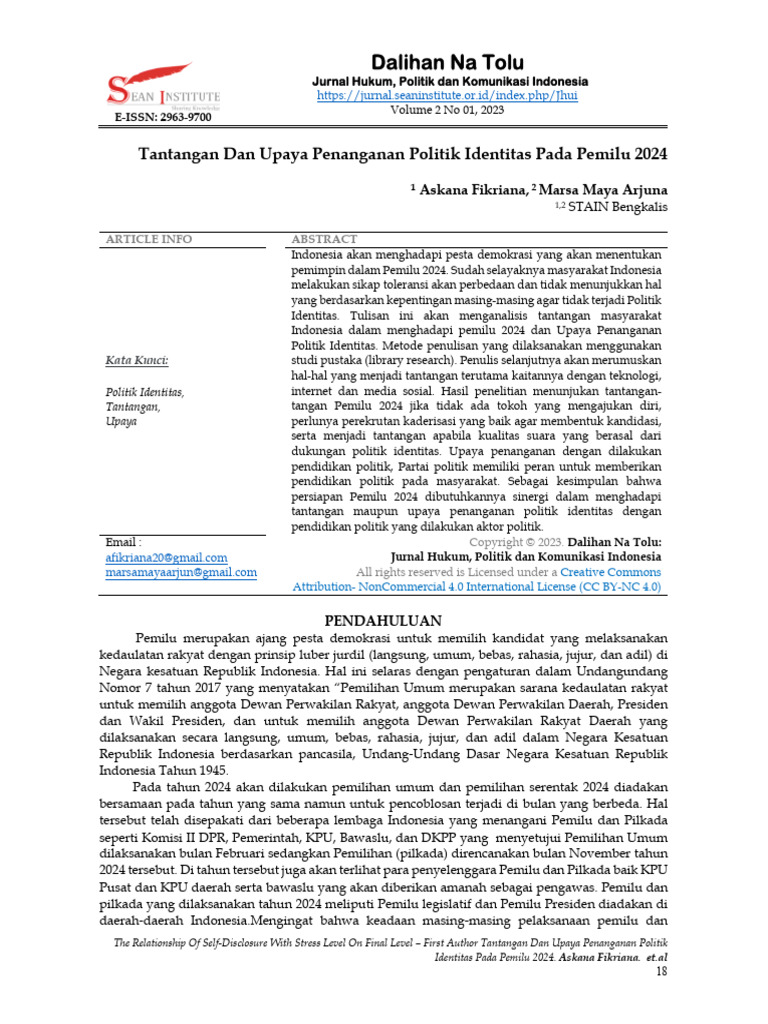 Dalihan Na Tolu: Tantangan Dan Upaya Penanganan Politik Identitas Pada Pemilu 2024 | PDF | Sains ...