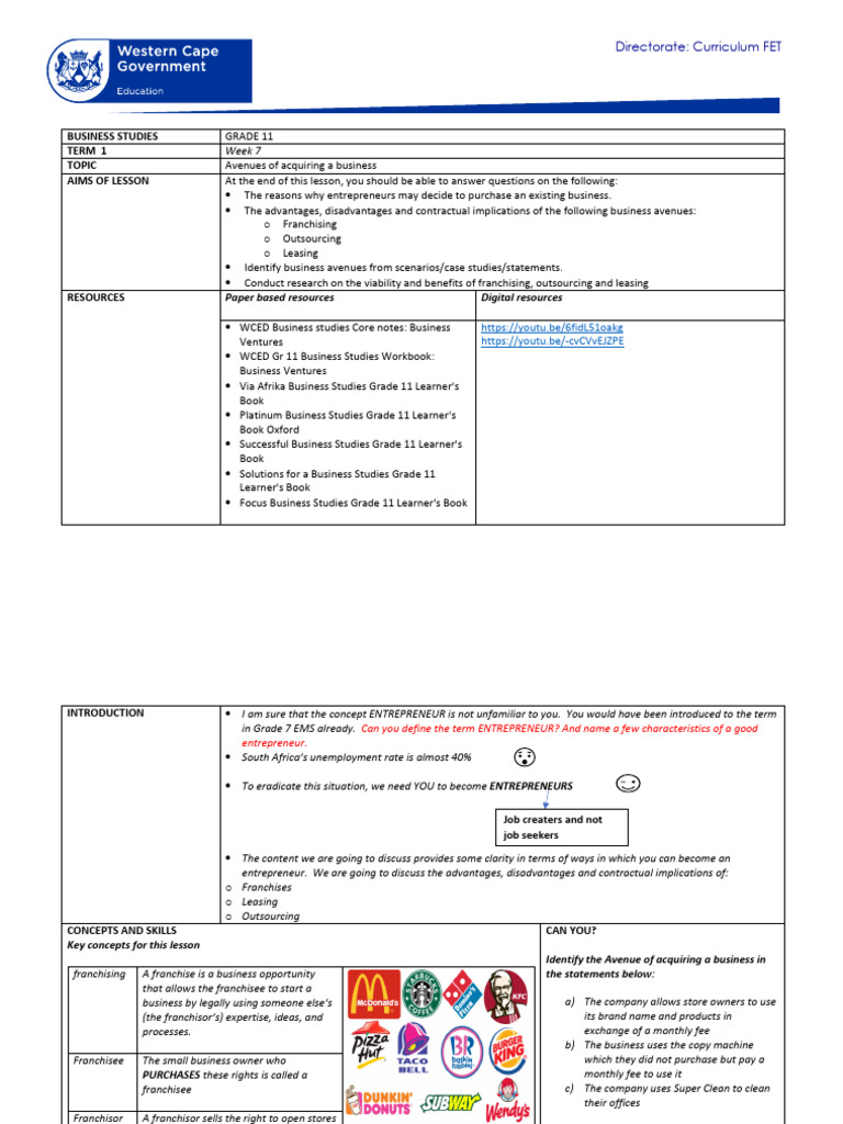 Business Studies Grade 11 Term 1 Week 7 - 2021 | PDF | Franchising | Lease