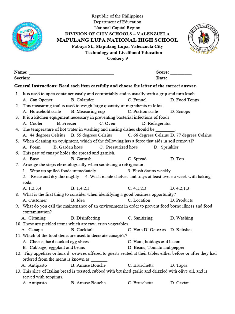 Diagnostic Test - Cookery 9 - 1ST Grading | PDF | Hors D'oeuvre | Cooking