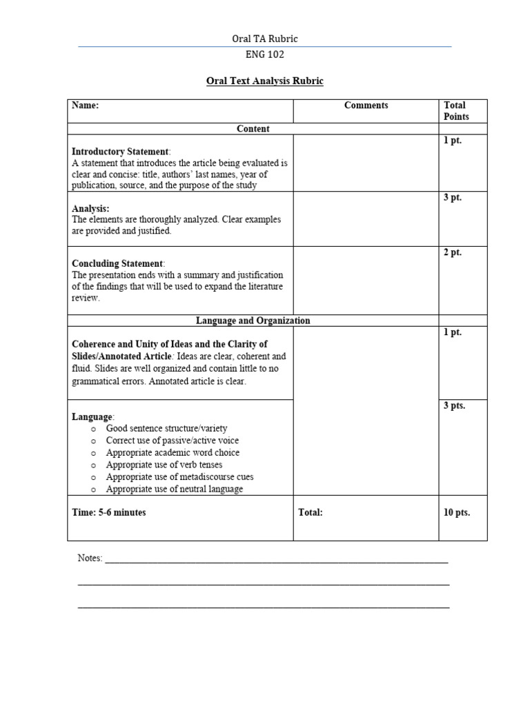 Oral Text Analysis Evaluation Rubric | PDF