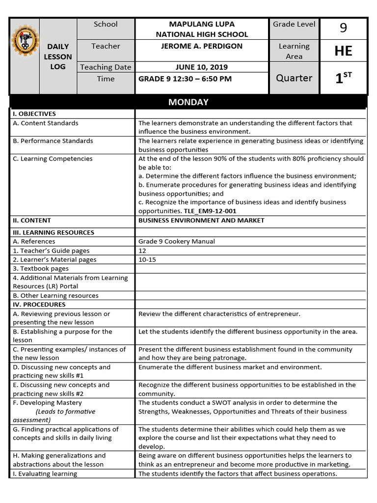 Sample Daily Lesson Log Format | PDF | Learning | Teachers